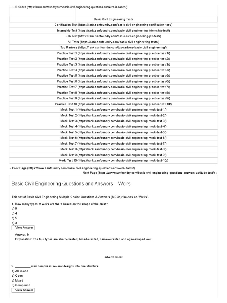 Weirs - Basic Civil Engineering Questions and Answers - Sanfoundry PDF ...
