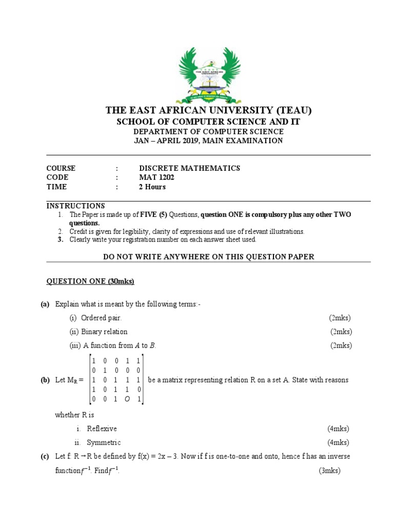 April 2019 Discrete Math Question Paper | PDF | Mathematical Relations ...
