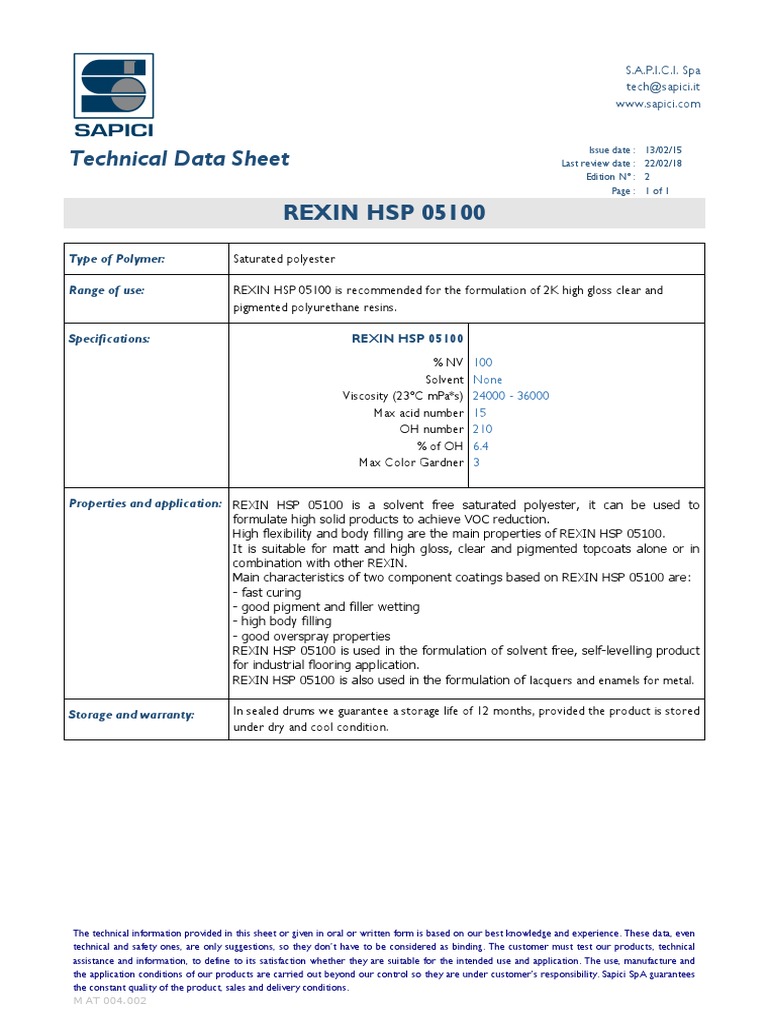 Technical Data Sheet: REXIN HSP 05100 | PDF | Polyester | Building ...