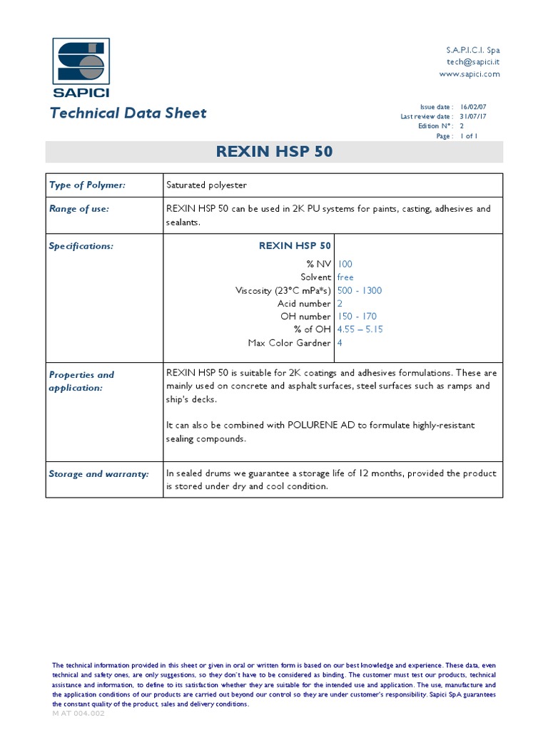 Technical Data Sheet for REXIN HSP 50 Saturated Polyester for Use in 2K ...