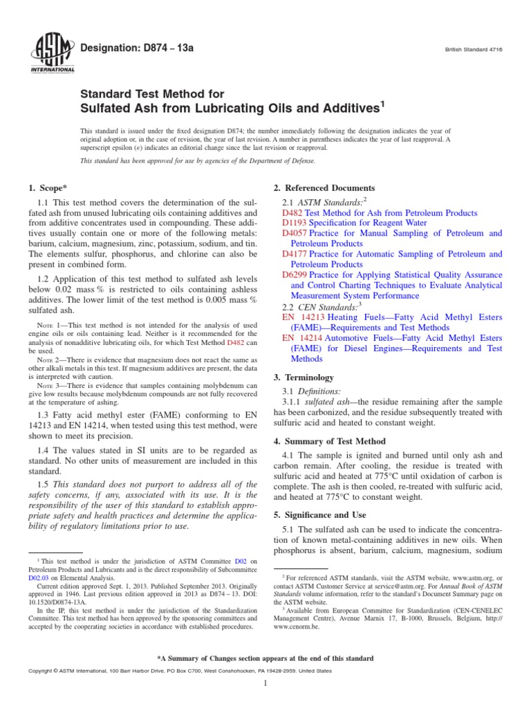 ASTM D874 - Sulfated Ash | Download Free PDF | Sulfuric Acid | Magnesium