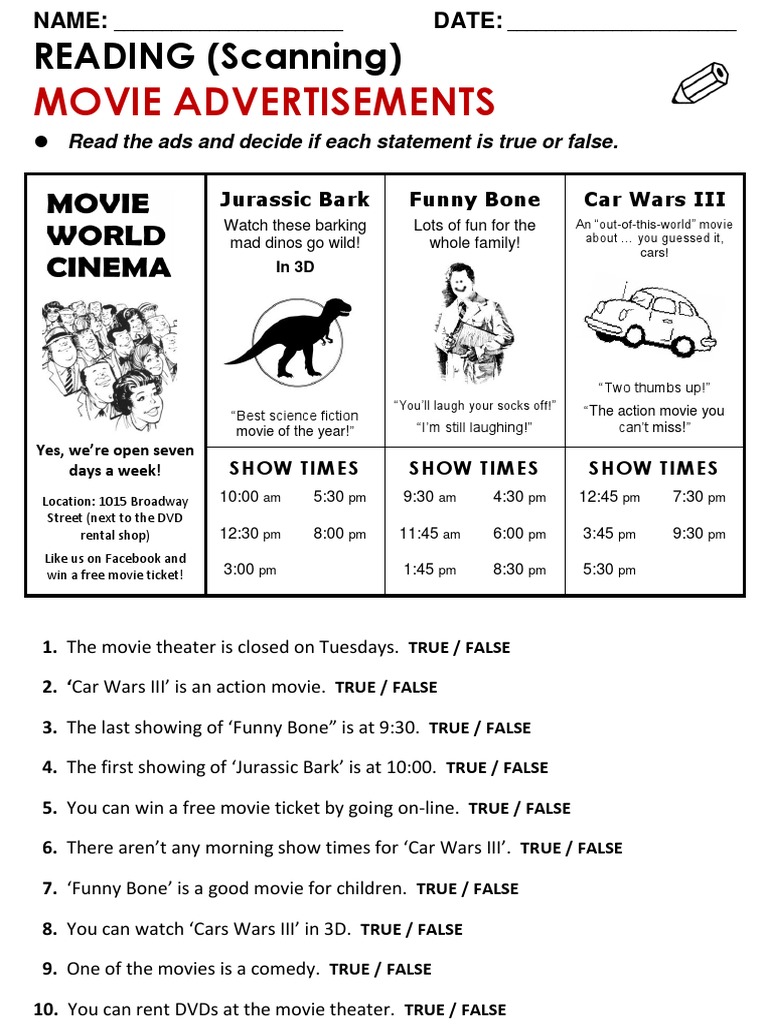 Movie Advertisements: READING (Scanning) | PDF | Entertainment