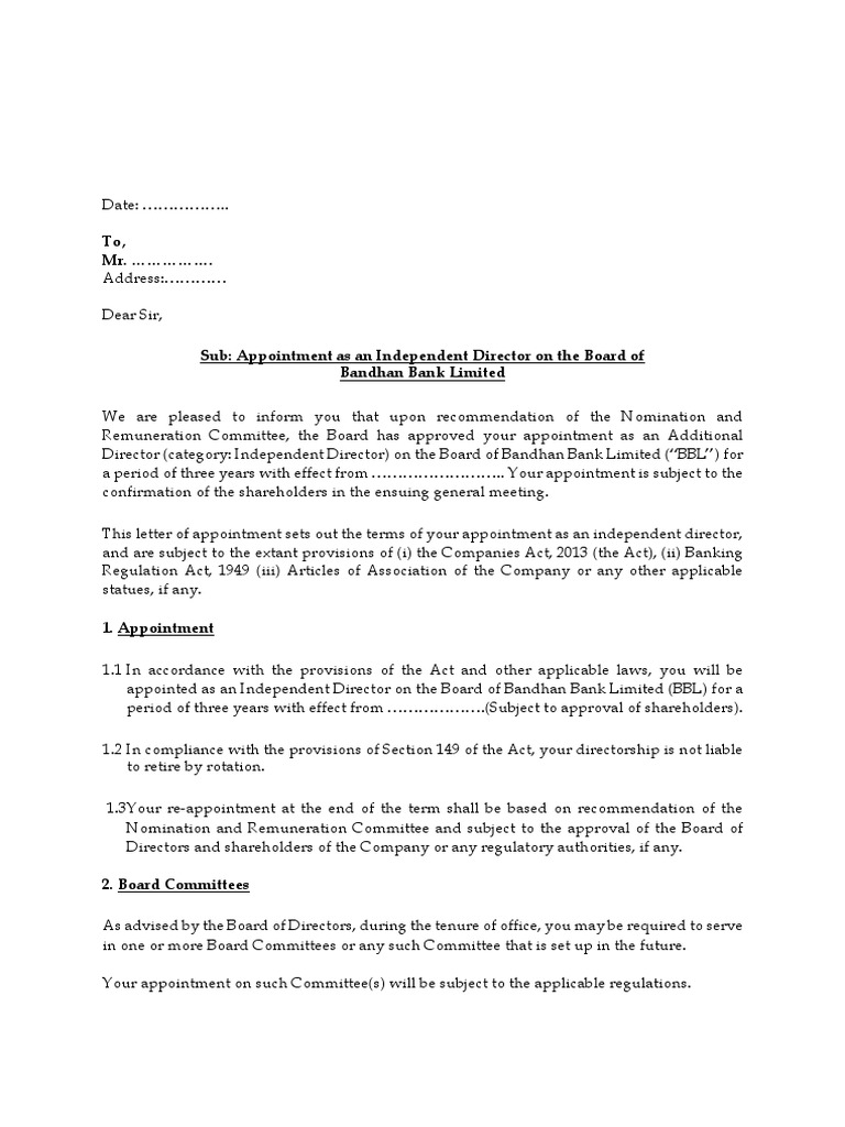 Appointment Letter Format BBL | PDF | Liability Insurance | Board Of ...