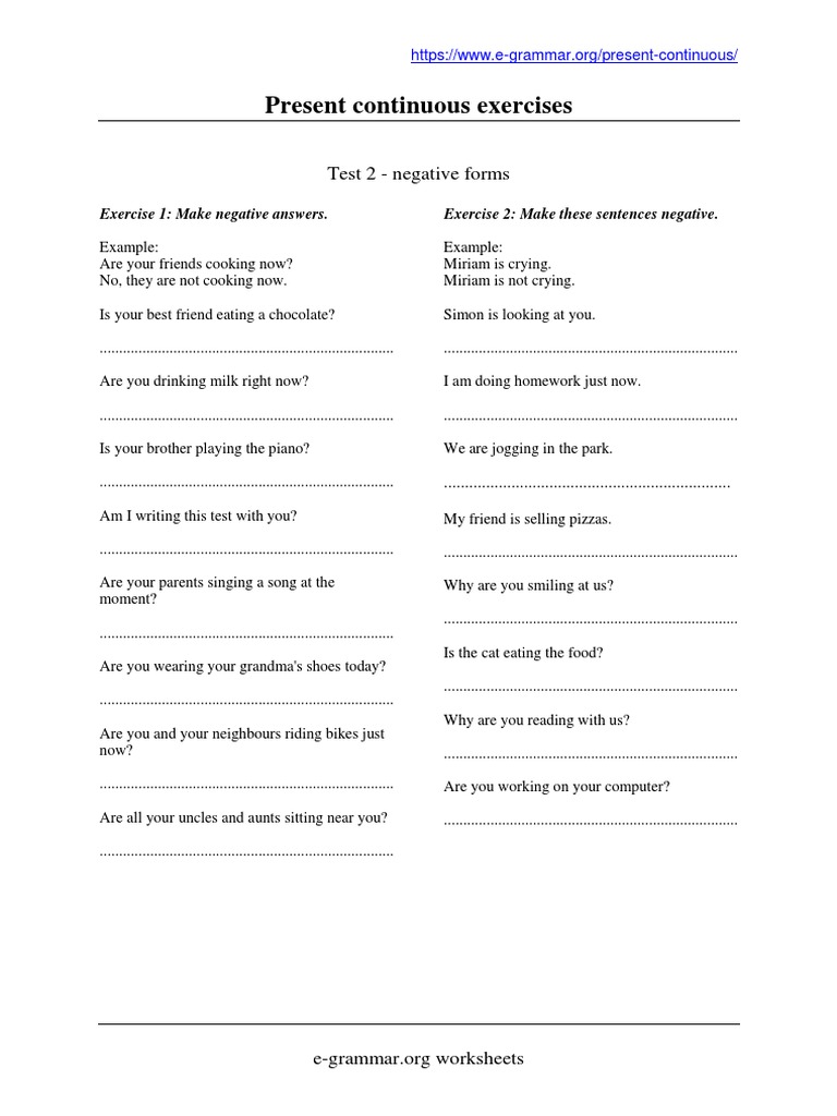 Present Continuous Exercises: Test 2 - Negative Forms | PDF | Foods