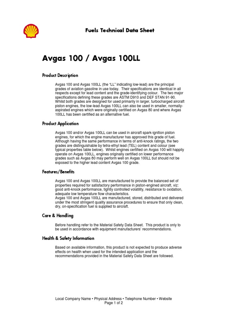 Avgas 100 / Avgas 100LL: Fuels Technical Data Sheet | PDF | Gasoline ...
