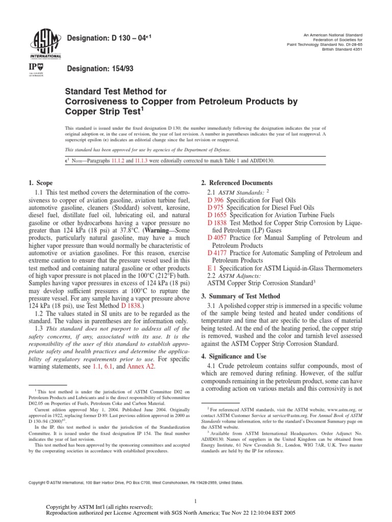 Corrosiveness To Copper From Petroleum Products by Copper Strip Test ...