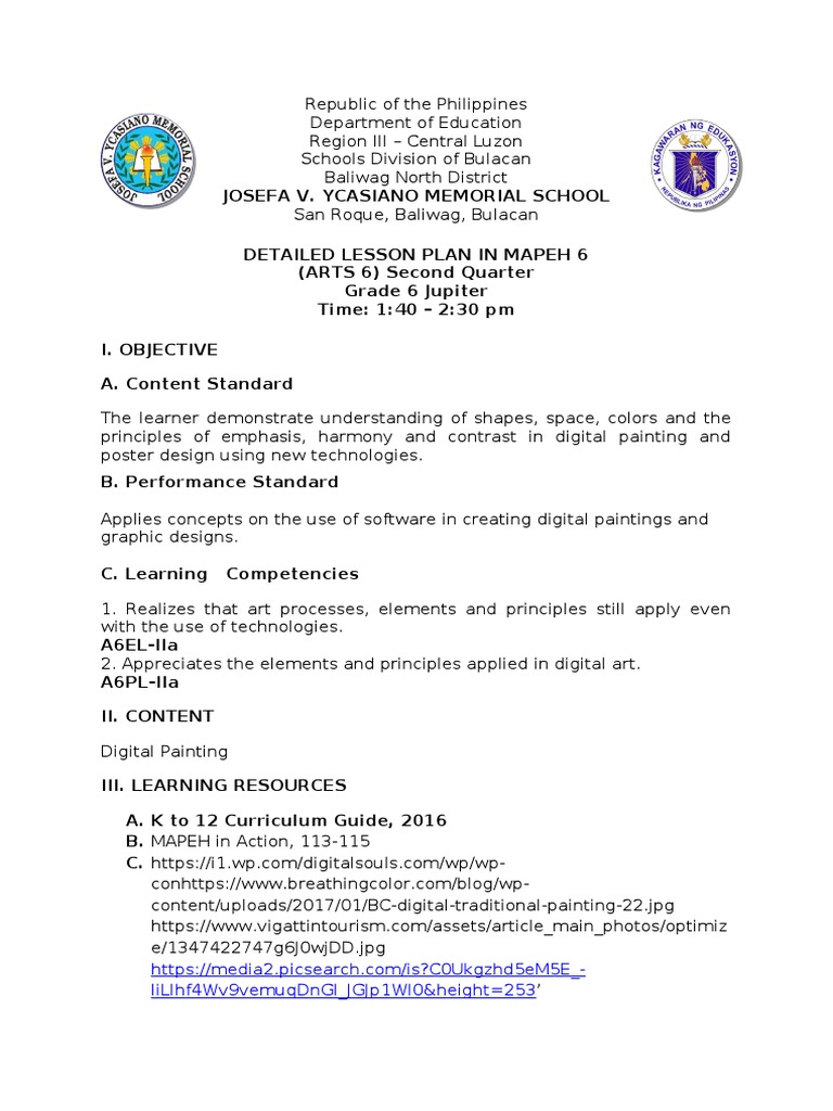 Digital Painting Lesson Plan for Grade 6 | PDF | Paintings | Computer ...