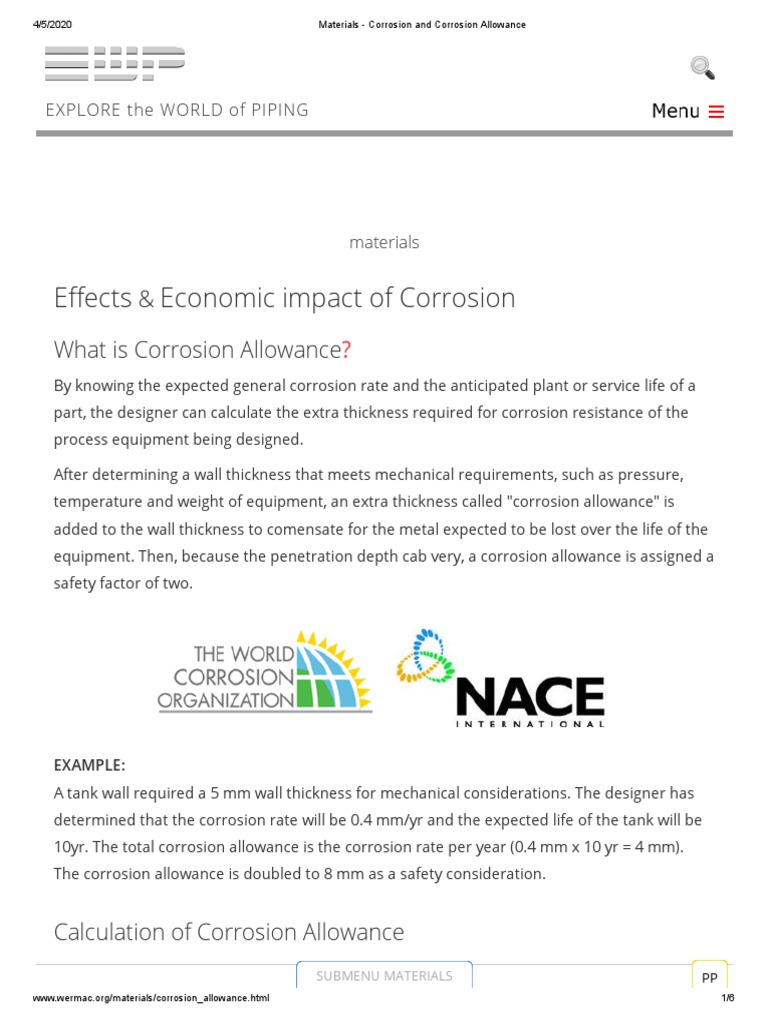 E ects Economic impact of Corrosion: & What is Corrosion Allowance ...