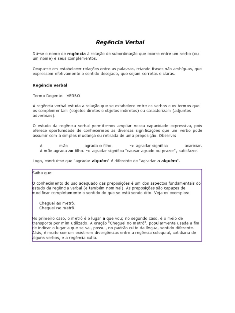 Regência Verbal | PDF | Preposição e posposição | Linguística