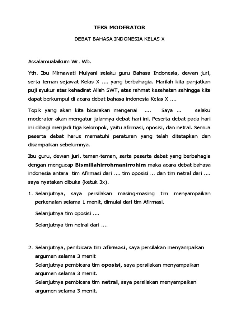 Teks Moderator Debat Bahasa Indonesia Ke | PDF | Seni & Disiplin Bahasa ...