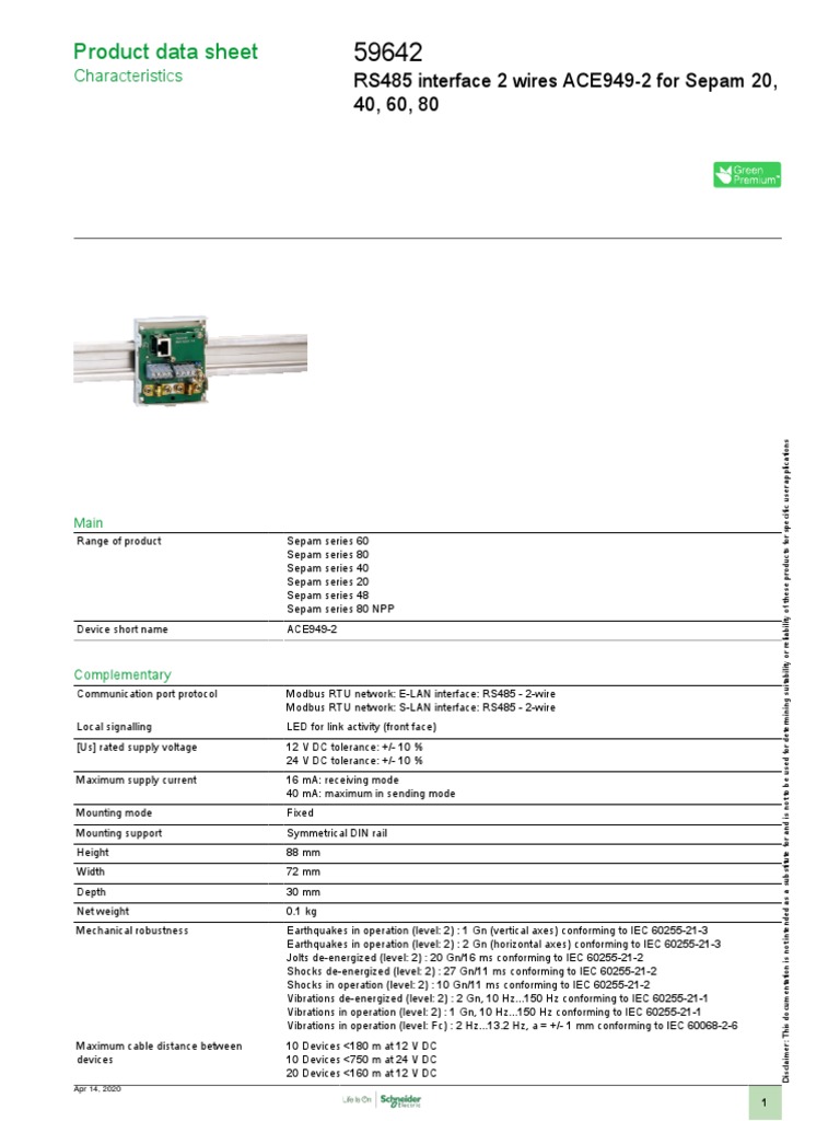 Product Data Sheet: RS485 Interface 2 Wires ACE949-2 For Sepam 20, 40 ...