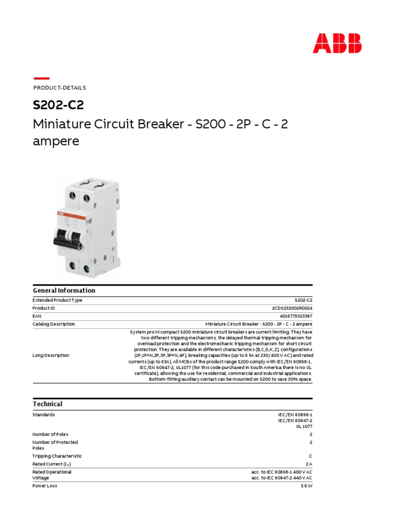 Miniature Circuit Breaker - S200 - 2P - C - 2 Ampere: Product-Details | PDF | Alternating ...