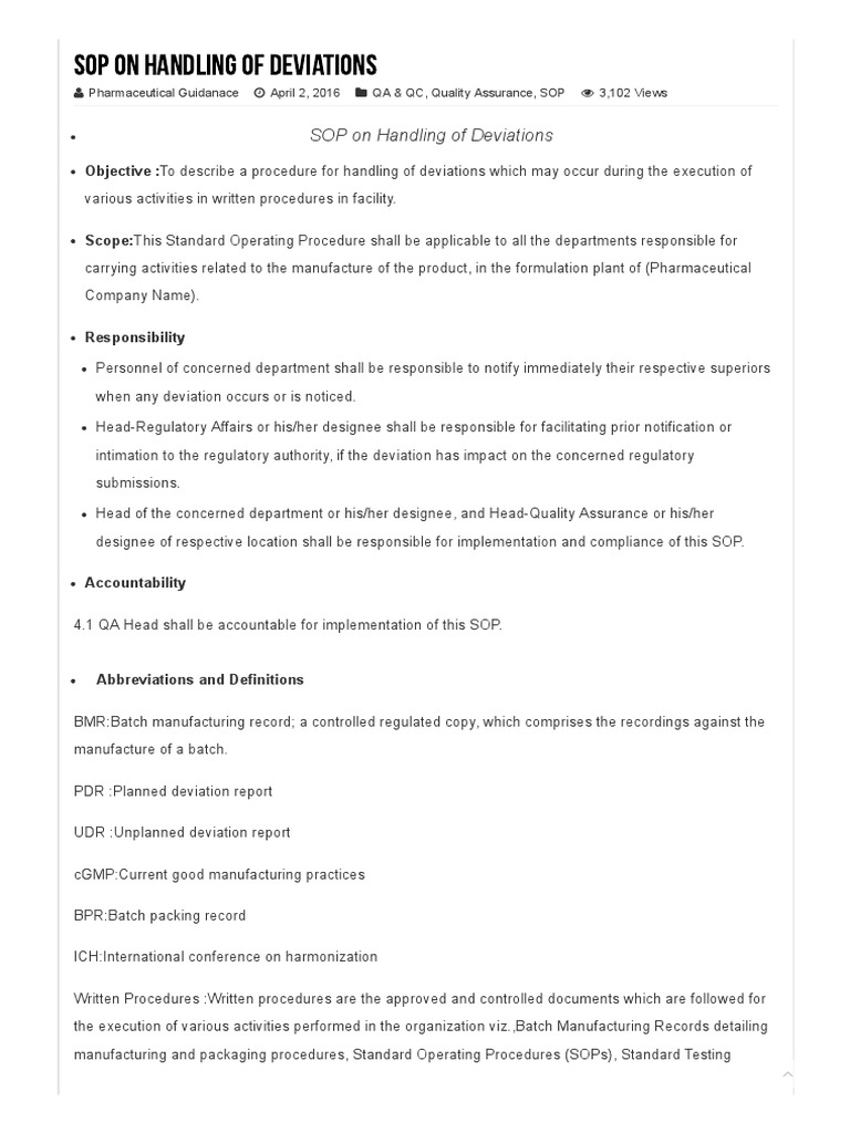 SOP On Handling of Deviations | PDF | Quality Assurance | Business