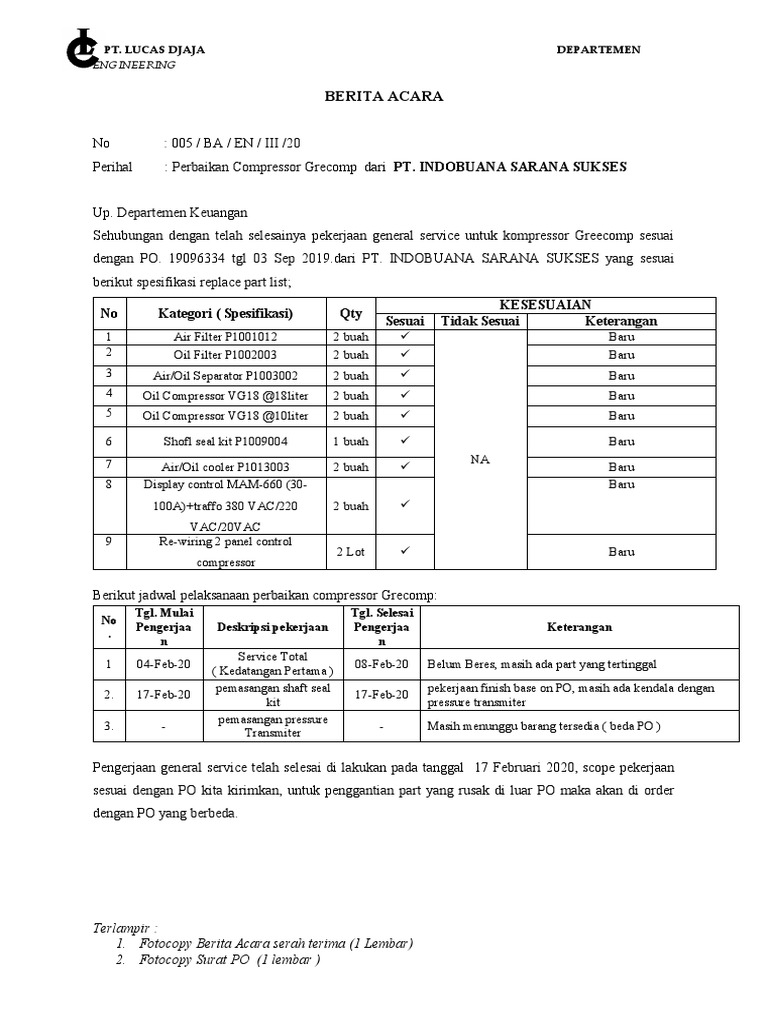 005-BA-EN-III-20 PO 19096334 - Perbaikan Compressor Grecomp | PDF