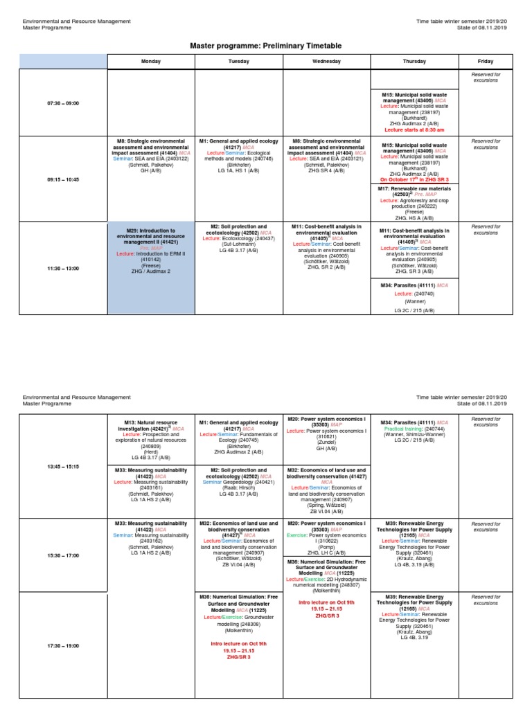 ERM Master Programme Timetable 2019/20 | PDF | Environment | Ecology