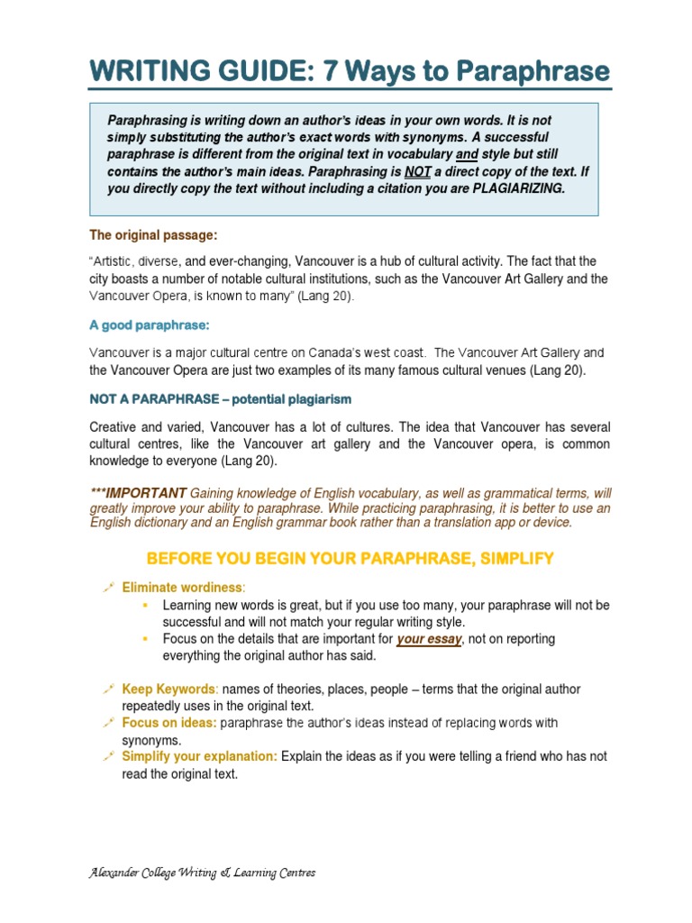 Writing Guide - 7 Ways To Paraphrase | PDF | Subject (Grammar ...