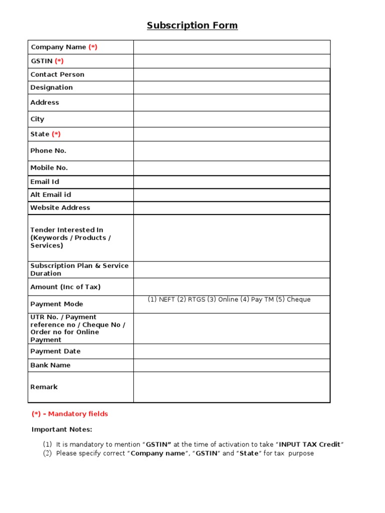 Subscription Form for Services and GSTIN | PDF