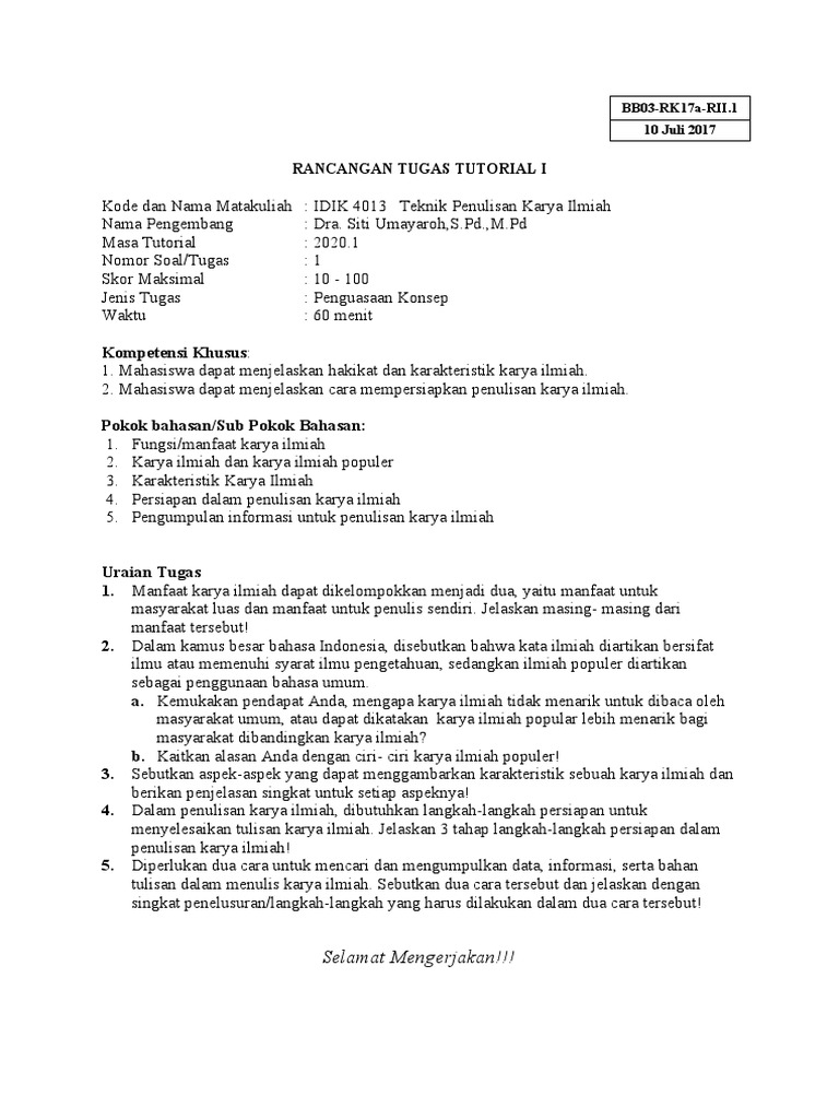 Rancangan TT-1 - IDIK4013 - TPKI-1 | PDF | Seni