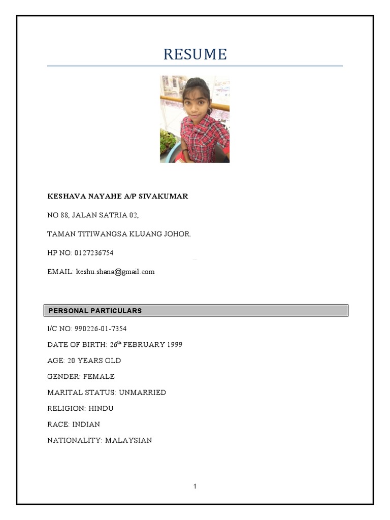 Resume: Keshava Nayahe A/P Sivakumar | PDF | Malaysia
