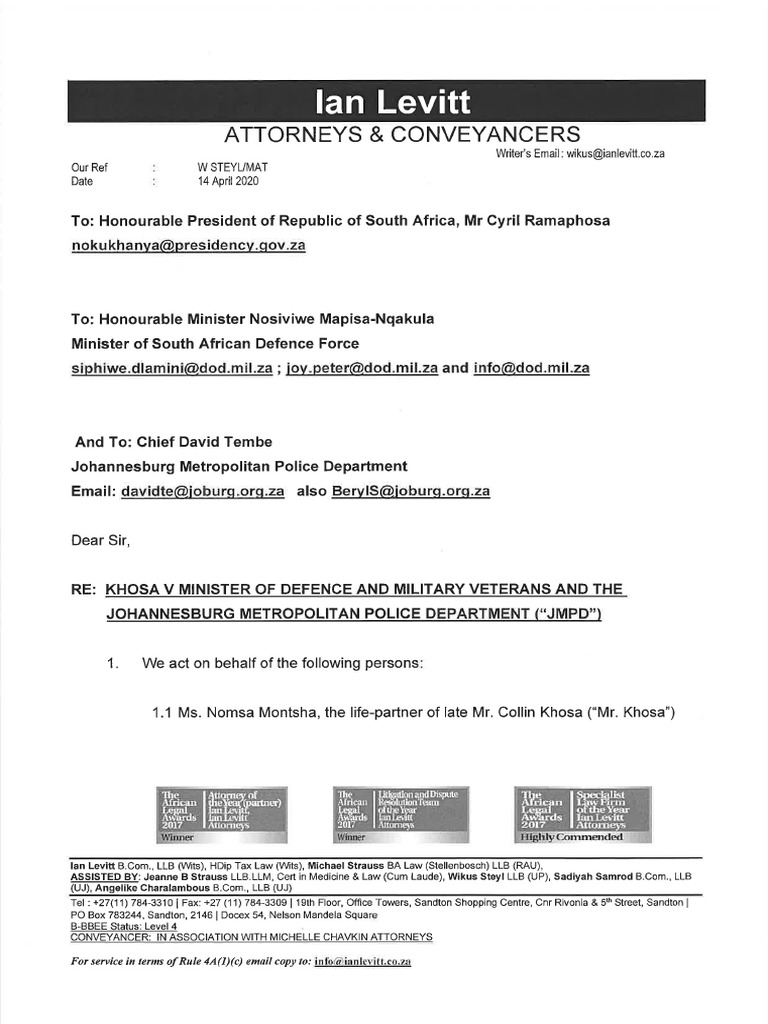 Letter of Demand - Khosa V Minister of Defence and Others | PDF
