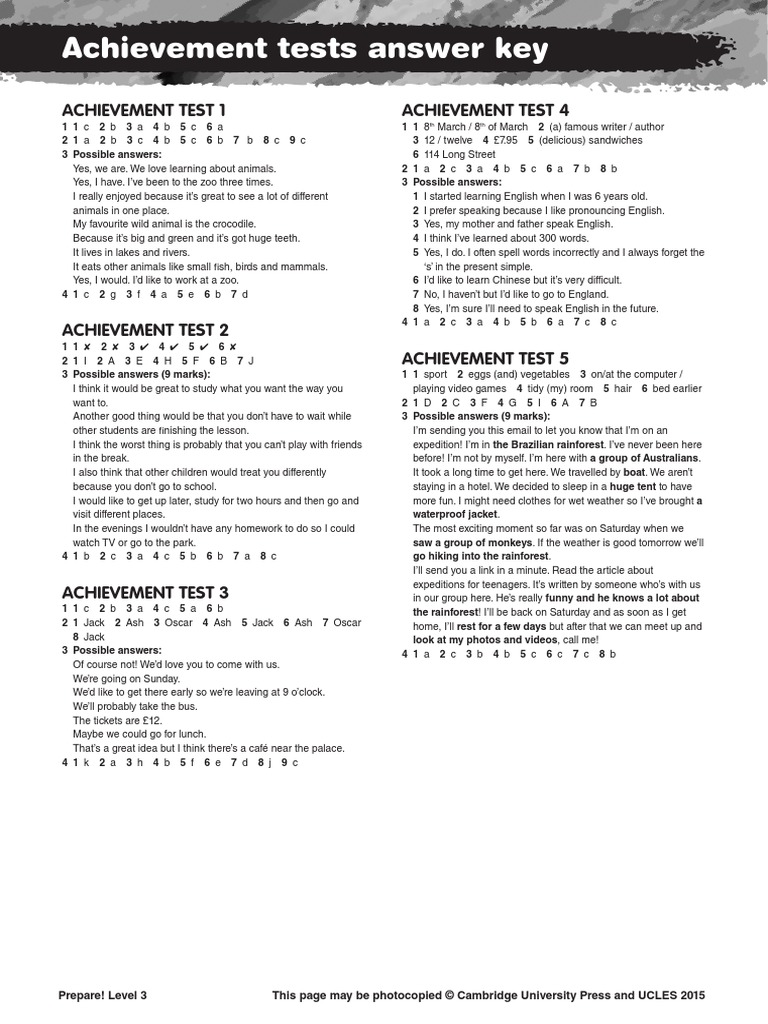 Achievement Tests Answer Key: Achievement Test 1 Achievement Test 4 | PDF