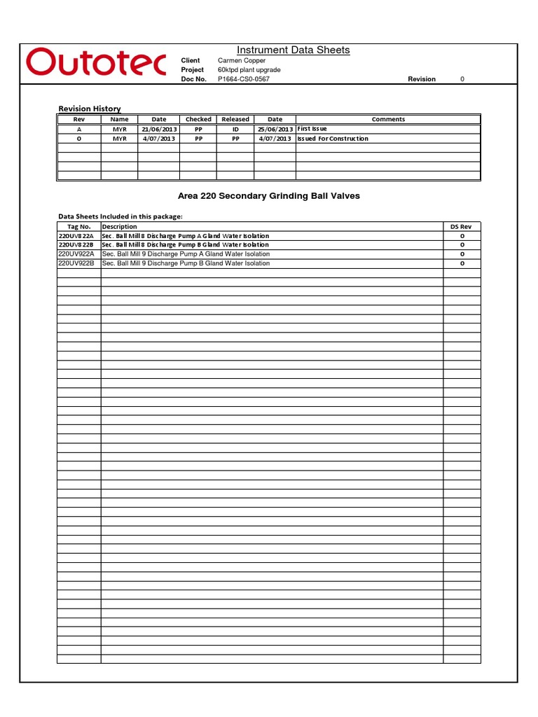 Instrument Data Sheets: Revision History | PDF | Valve | Pump