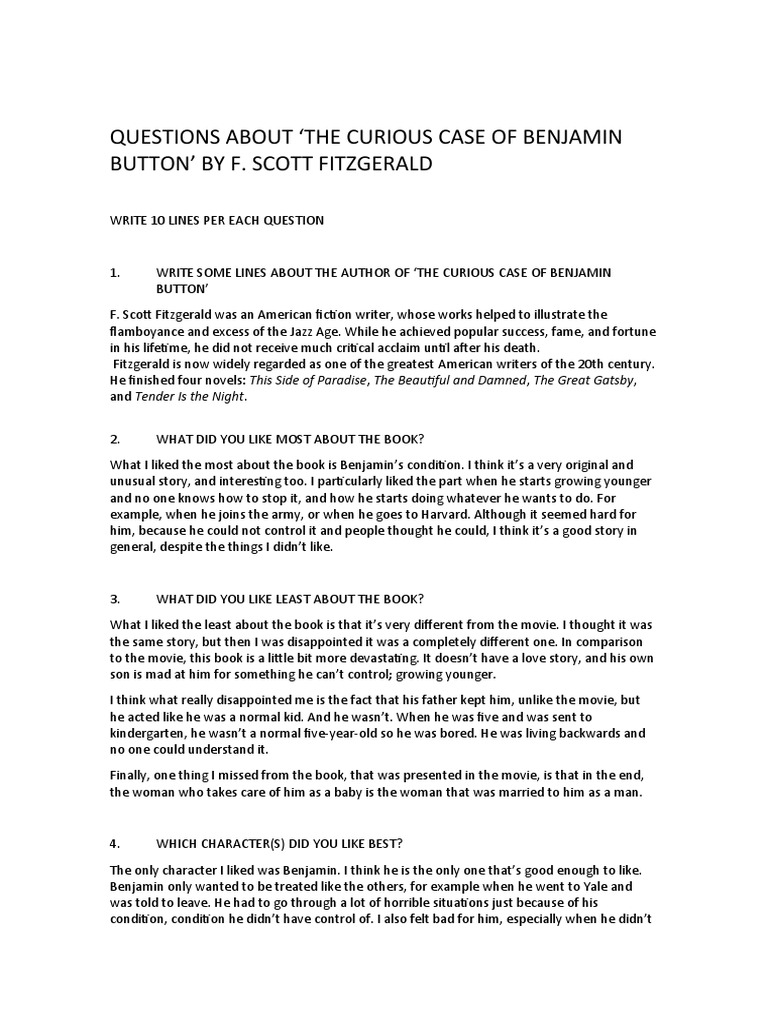 Questions About The Curious Case of Benjamin Button' by F. Scott ...