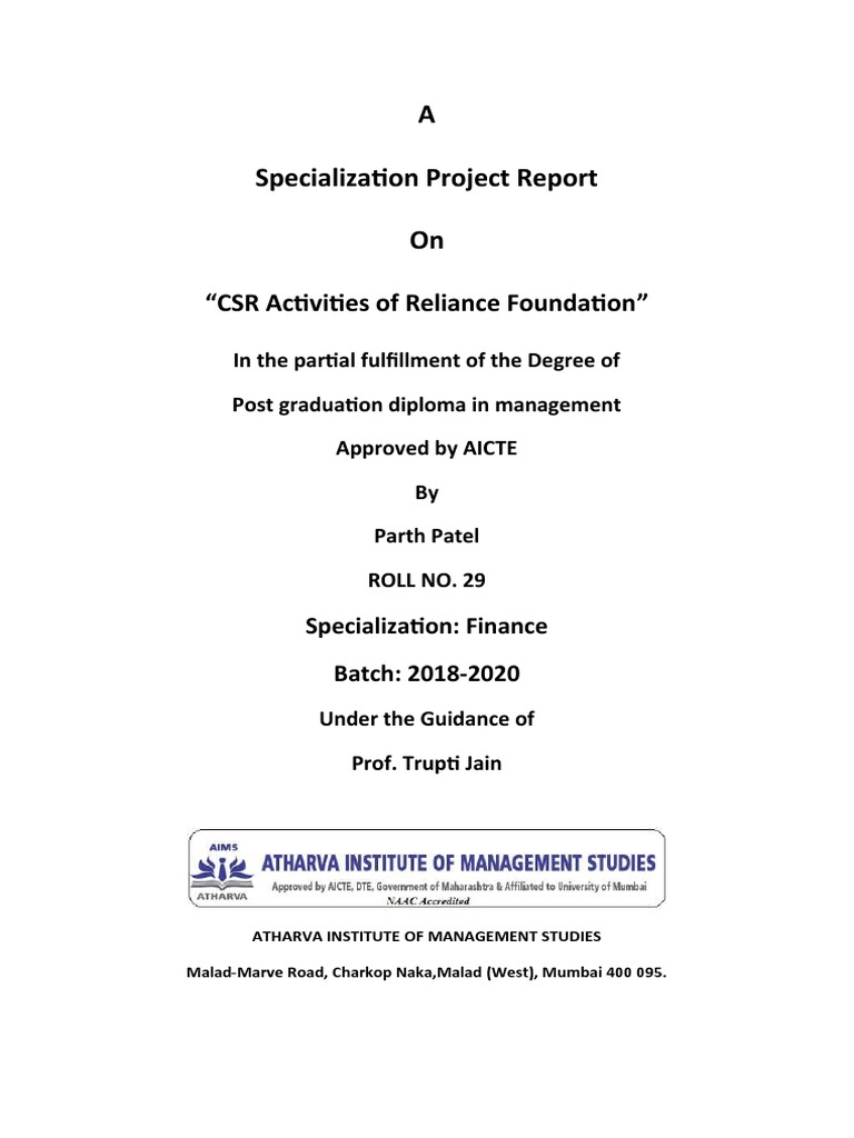 A Specialization Project Report On: "CSR Activities of Reliance ...