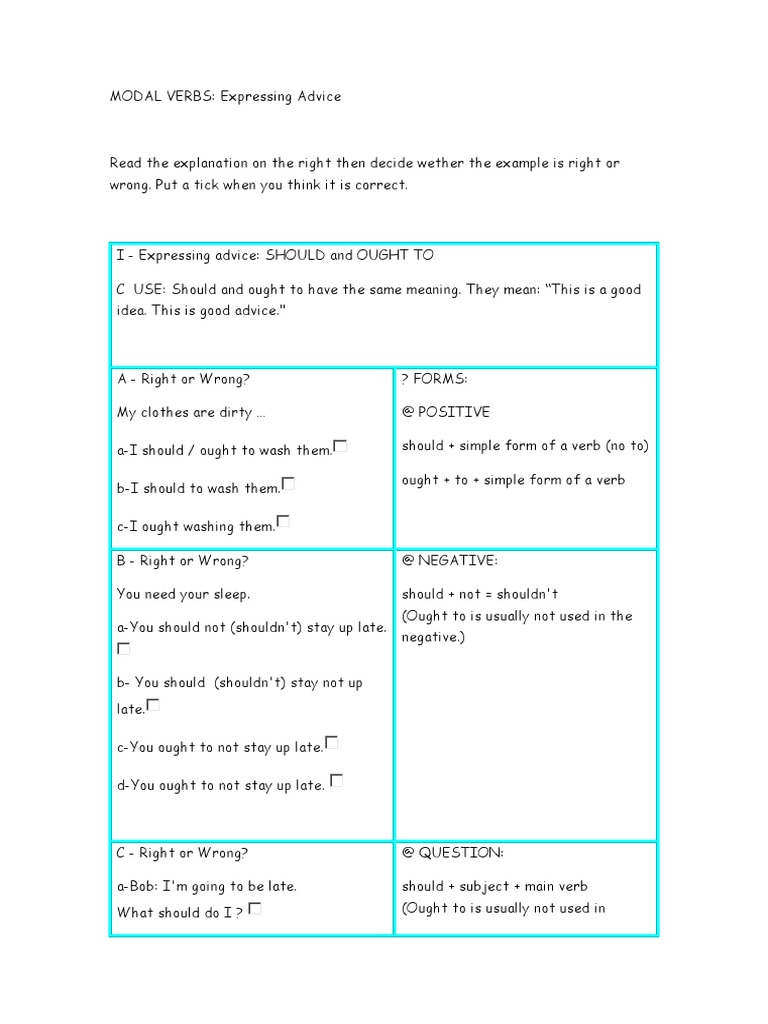 Modal Verbs Advice | Download Free PDF | Verb | Grammar