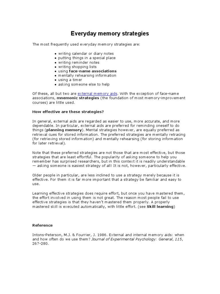 Everyday Memory Strategies | PDF | Recall (Memory) | Memory