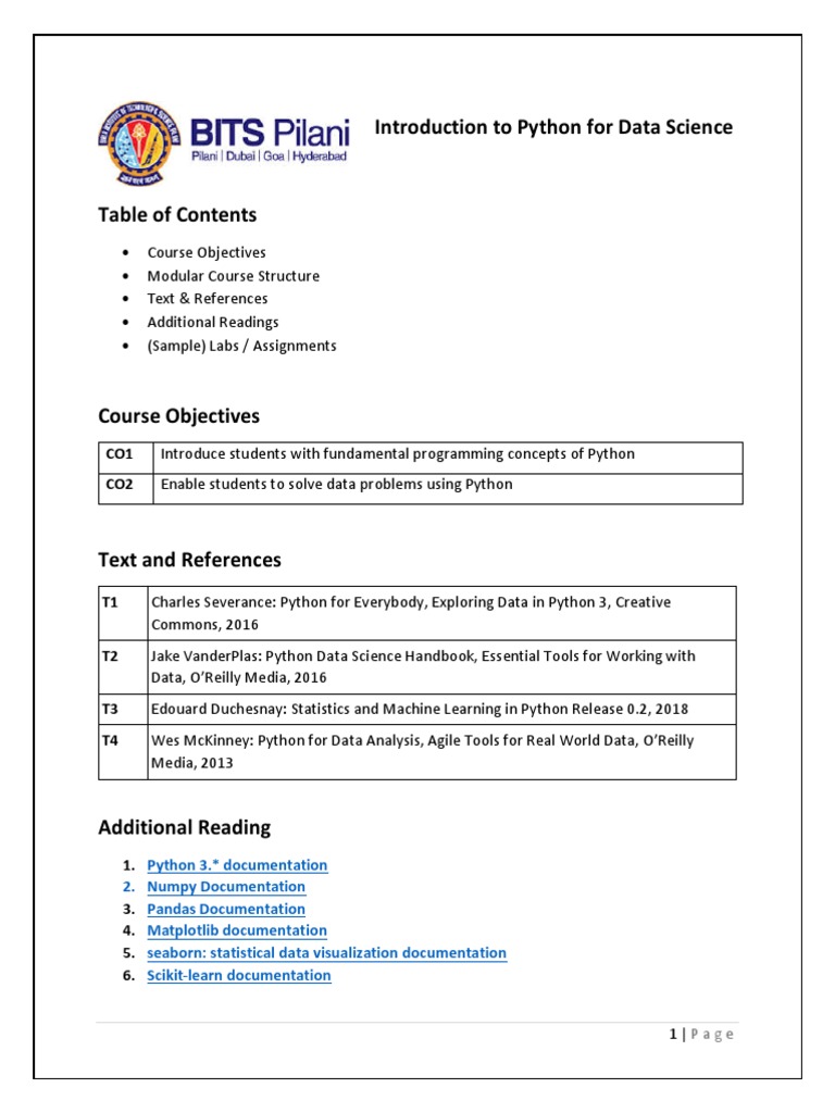 Introduction To Python For Data Science Syllabus Pdf Python Programming Language