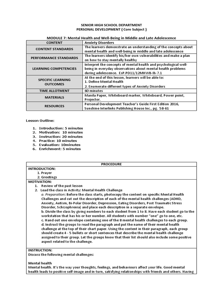 PD Lesson Plan | PDF | Eating Disorder | Mental Disorder