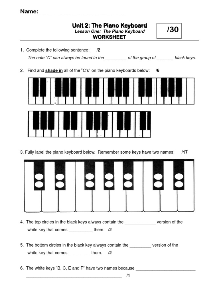 Piano Keyboard Worksheet for Grade 1 | PDF