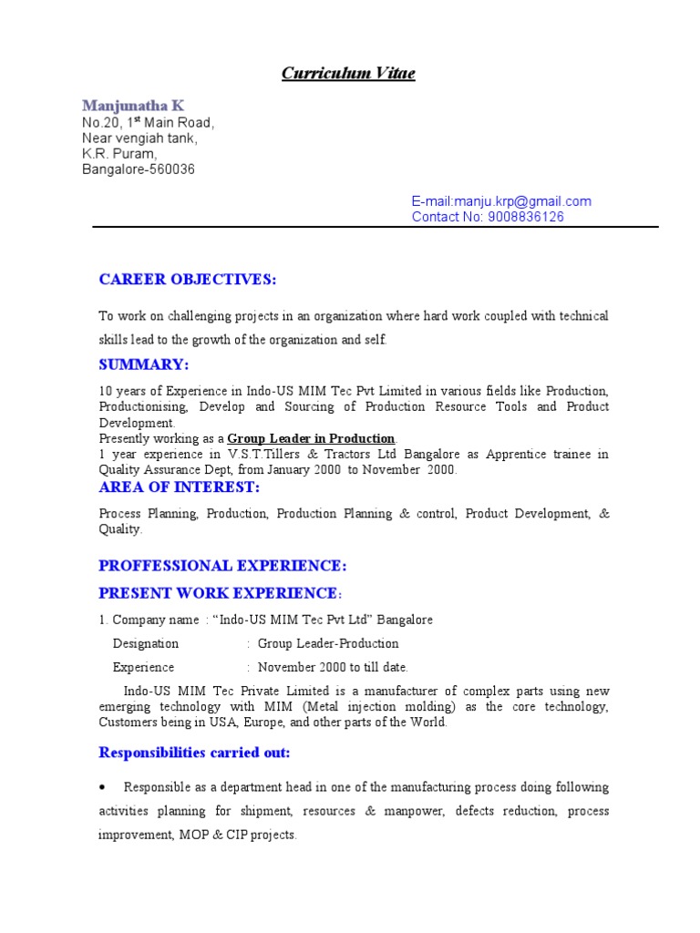 Manjunath Resume | PDF | Six Sigma | Production And Manufacturing