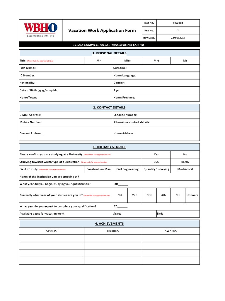 Vacation Work Application Form: Please Complete All Sections in Block ...