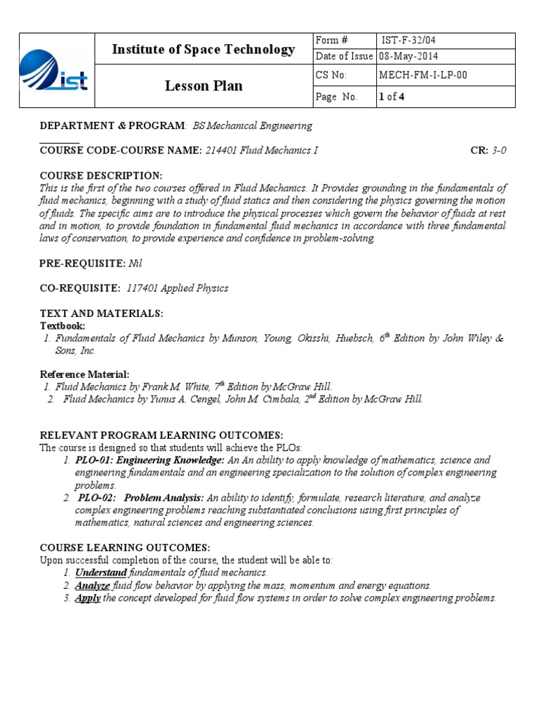 Lesson Plan: Institute of Space Technology | PDF | Fluid Mechanics ...