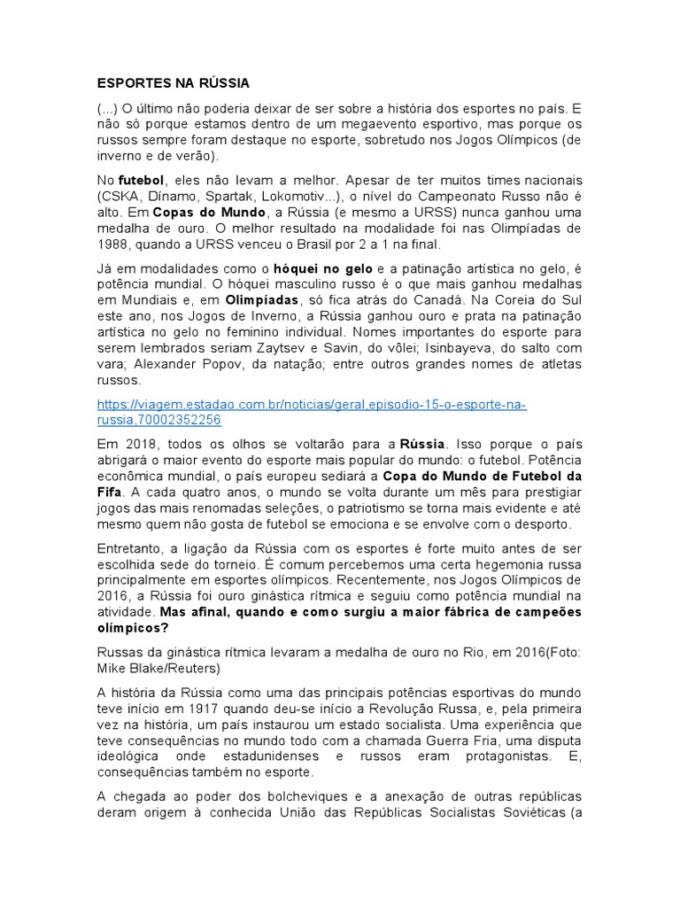 Breve Comentário Sobre Os Esportes Na RÚSSIA | PDF | Rússia | Política ...
