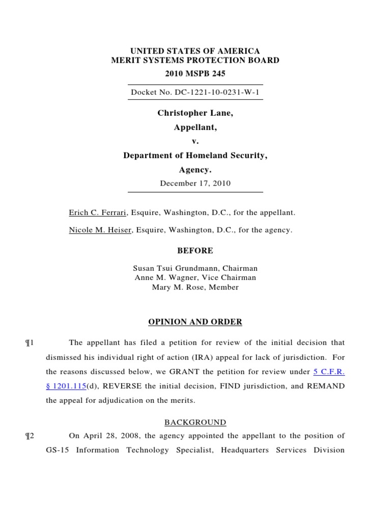 Christopher Lane, Appellant, v. Department of Homeland Security, Agency ...