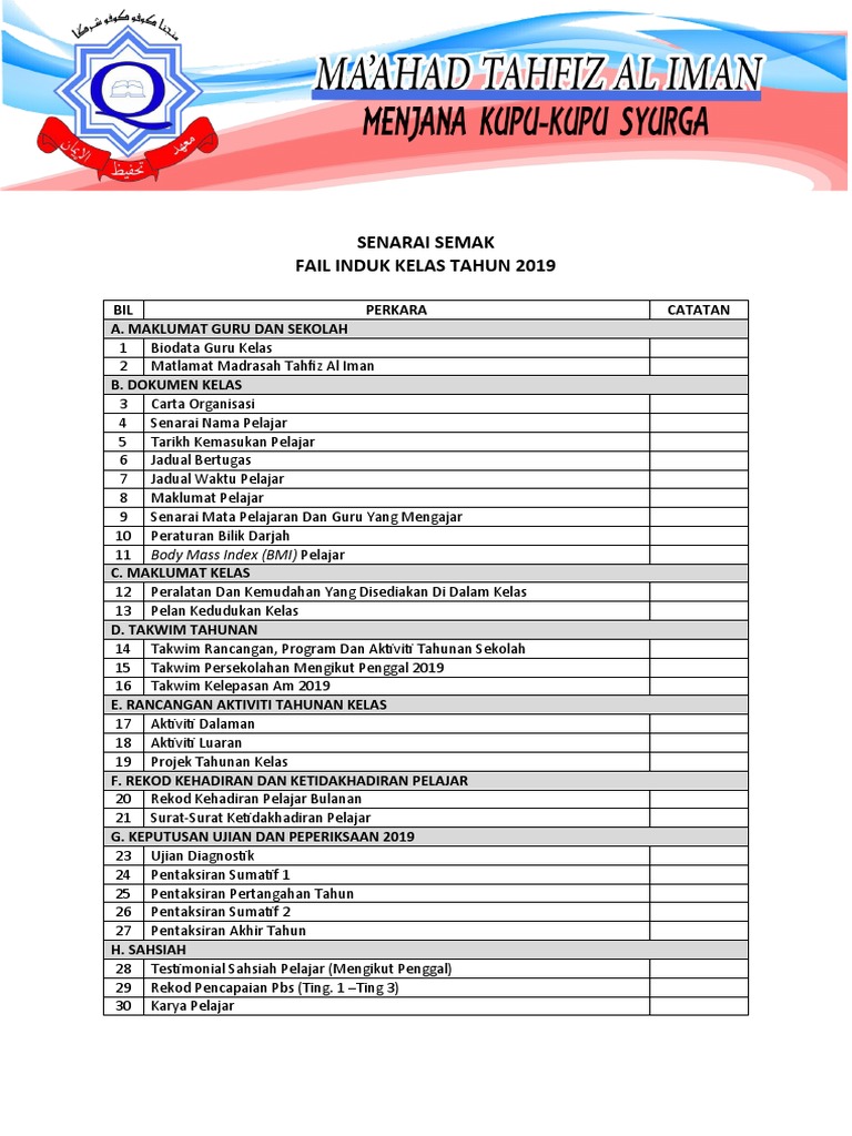 Senarai Semak Fail Induk Kelas | PDF