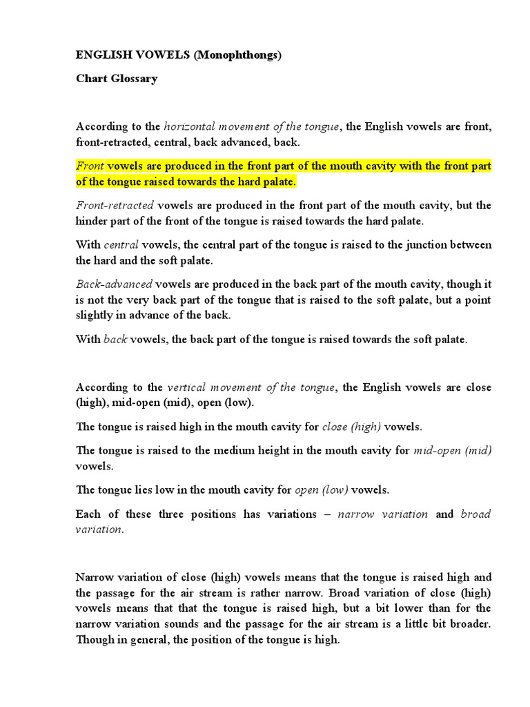 ENGLISH VOWELS (Monophthongs) Chart Glossary | PDF | Vowel | Phonetics