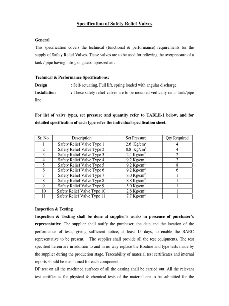 Specification of Safety Relief Valves | PDF | Valve | Specification ...