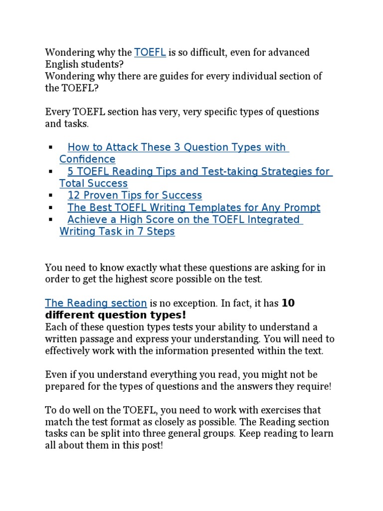 10 Types of TOEFL Reading Exercises You | PDF | Test Of English As A ...