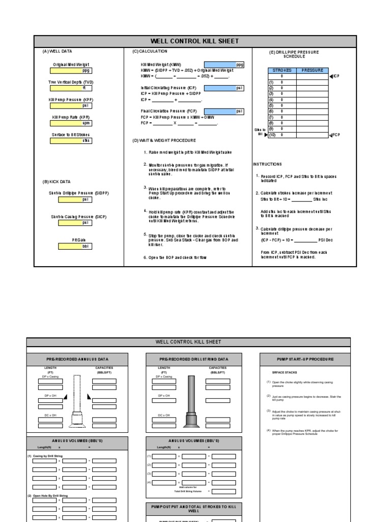 Well Control Kill Sheet: (A) Well Data (C) Calculation (E) Drillpipe ...