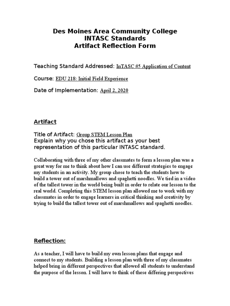 Des Moines Area Community College INTASC Standards Artifact Reflection ...