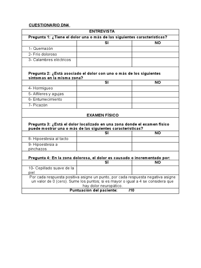 Dolor Neuropático. Test DN4 para Screening | PDF