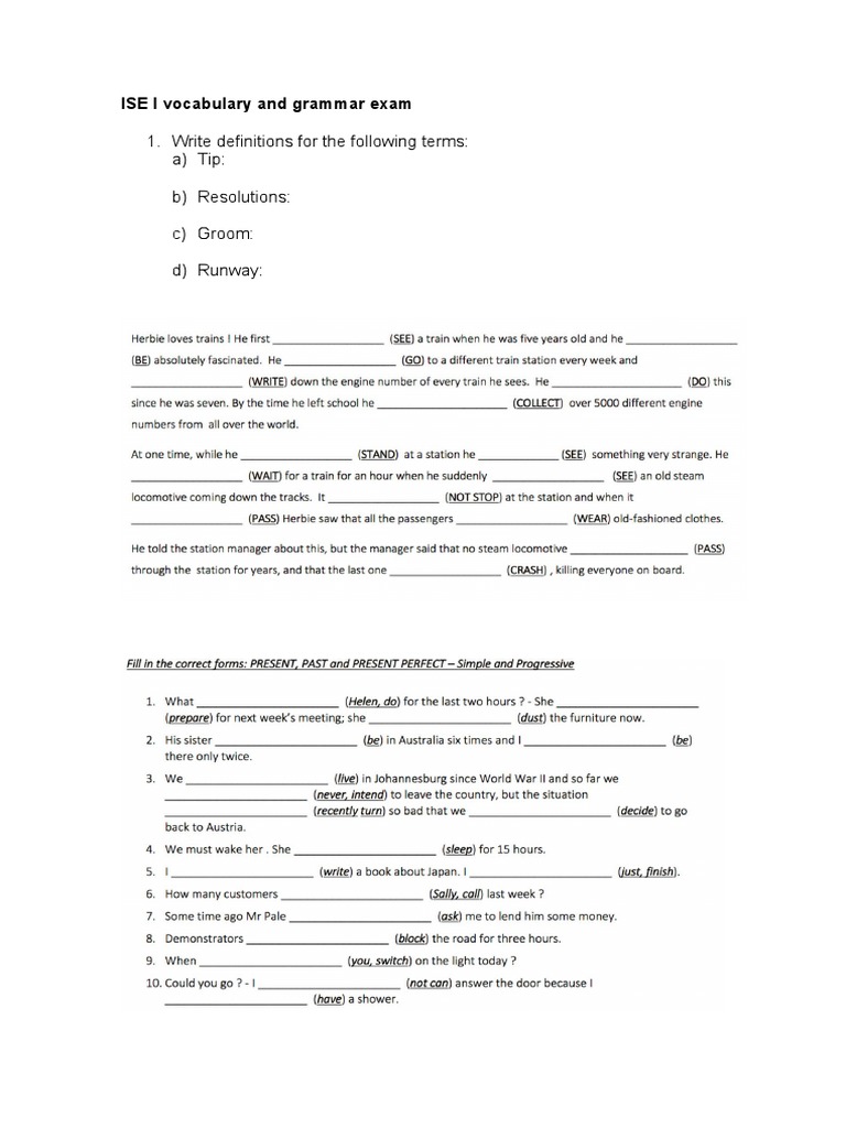 ISE I Vocabulary and Grammar Exam | PDF