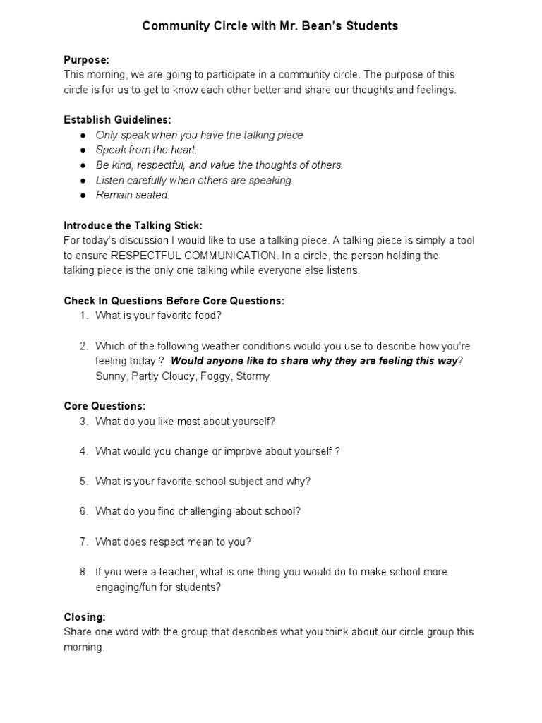 Community Circle Guidelines and Questions | PDF | Self-Improvement