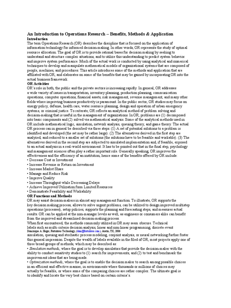 Introduction to Operations Research Methods | PDF | Decision Making ...