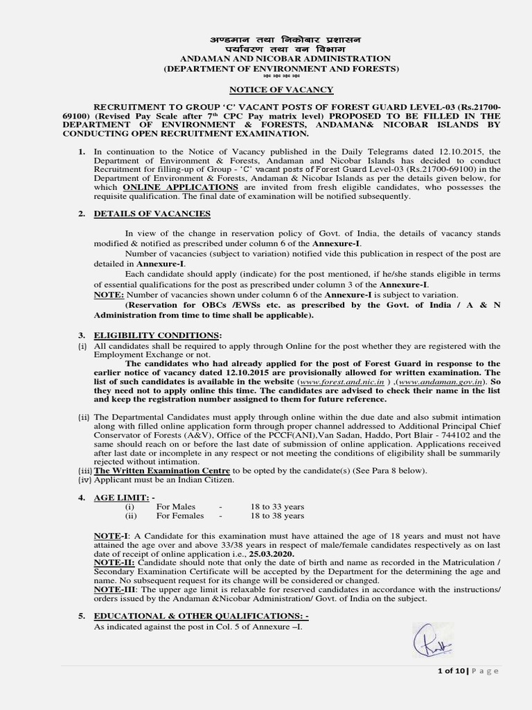 Andaman and Nicobar Forest Guard Recruitment Notification PDF | PDF ...