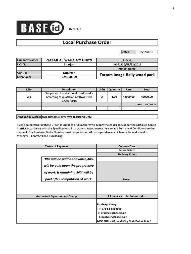 Local Purchase Order: Tarsam Image-Bolly Wood Park | PDF | Services ...